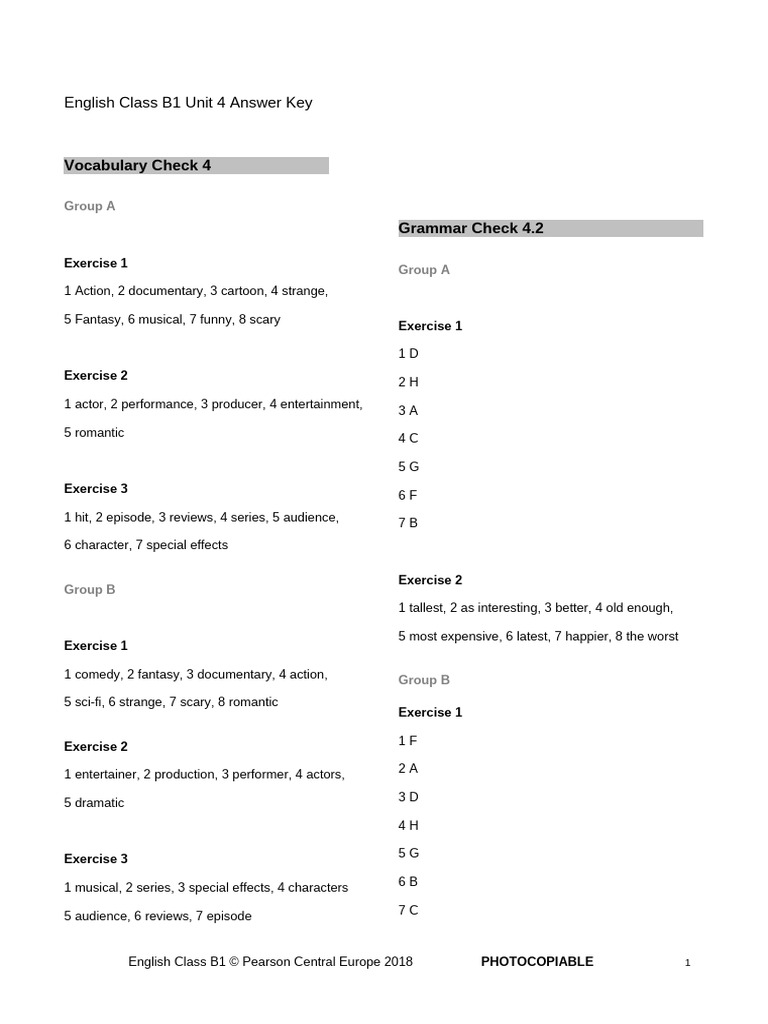 B1 English Unit 4 Answer Key Guide | PDF