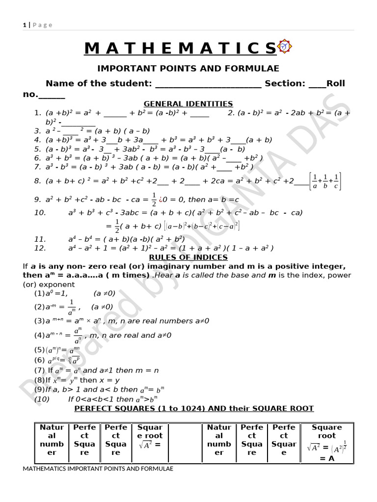 Important Formulae Test for Remedial Students | PDF | Factorization ...