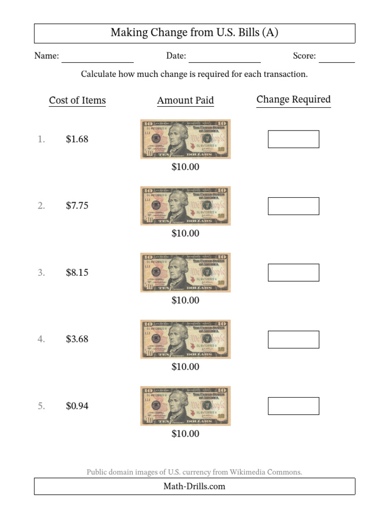 Calculate Change from U.S. Bills | PDF