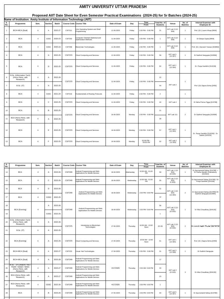 Documents - 030adproposed AIIT Date Sheet For Even Semester Practical Examinations (2024-25) For ...