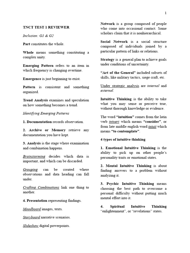 TNCT Test 1 Reviewer | PDF | Intuition | Swot Analysis