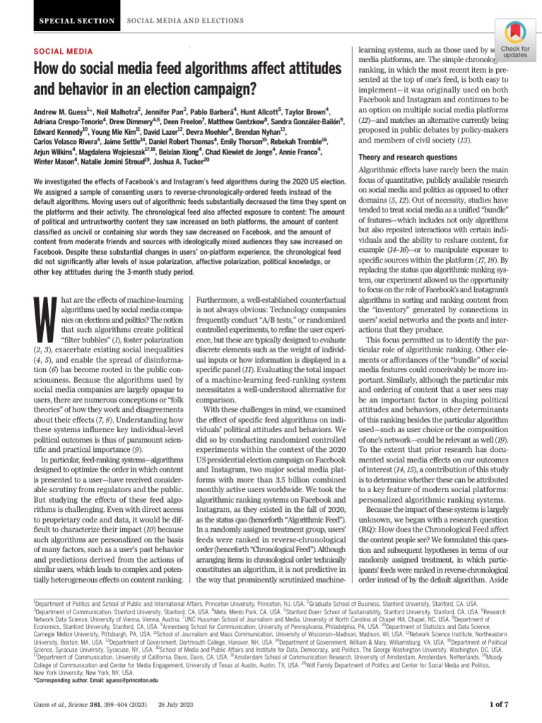 How do social media feed algorithms affect attitudes and behavior in an election campaign (科研通 ...