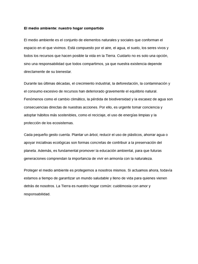 El Medio Ambiente - Nuestro Hogar Compartido | PDF