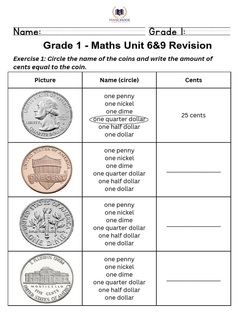 Maths Grade 1 U6-9 Revision | PDF | United States Dollar | Coins