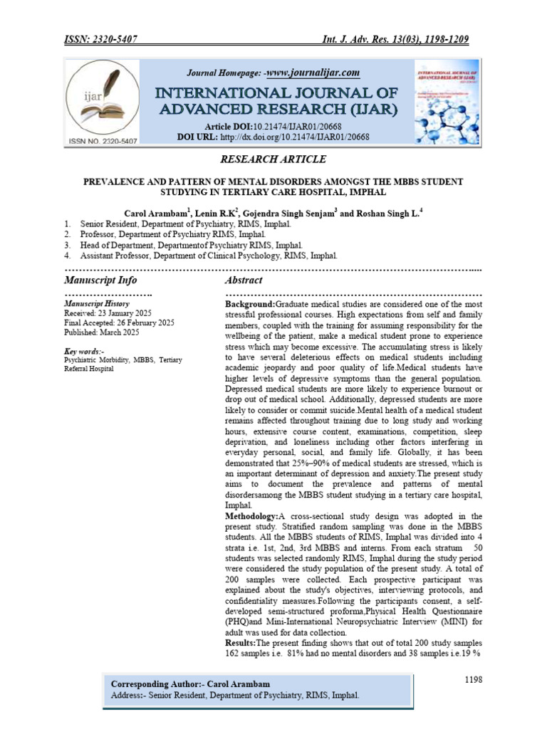 PREVALENCE AND PATTERN OF MENTAL DISORDERS AMONGST THE MBBS STUDENT STUDYING IN TERTIARY CARE ...