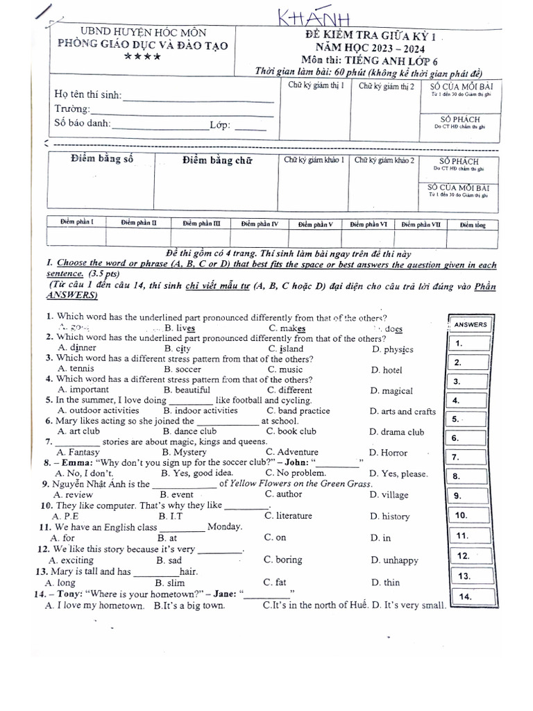 Đề chình thức GKI 23-24 | PDF