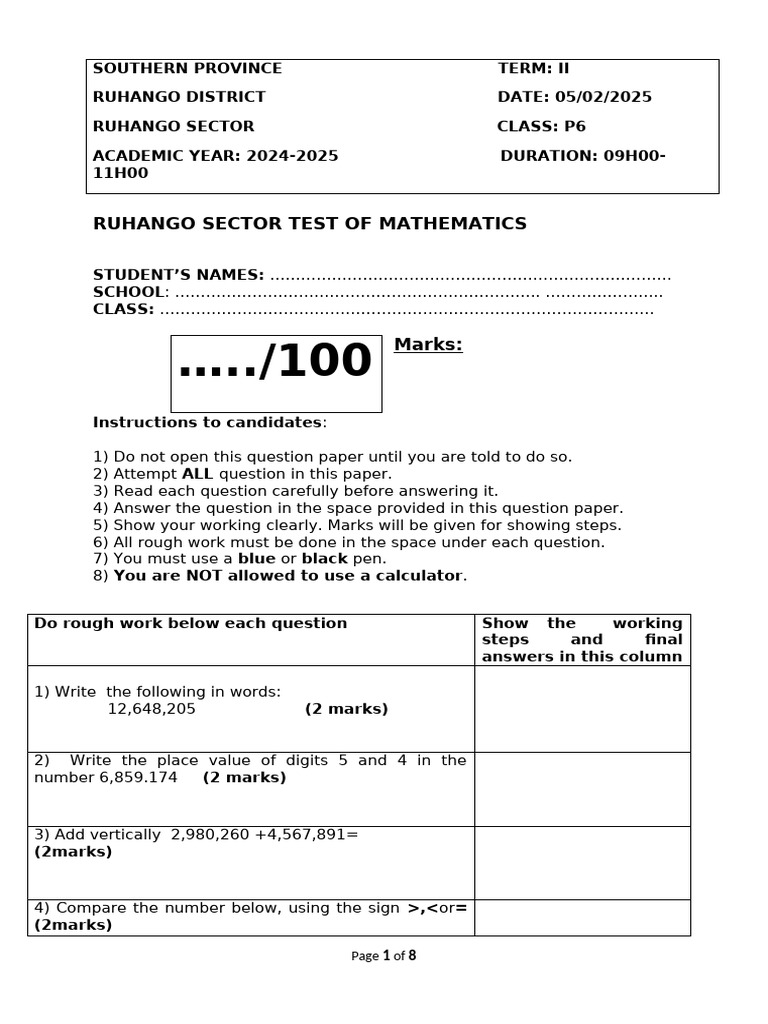 Ruhango P6 Mathematics Test II 2025 | PDF | Mathematics
