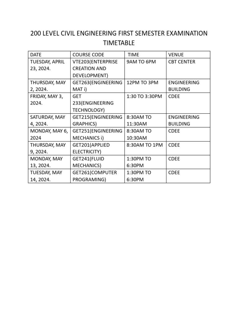 200 LEVEL CIVIL ENGINEERING FIRST SEMESTER EXAMINATION TIMETABLE | PDF
