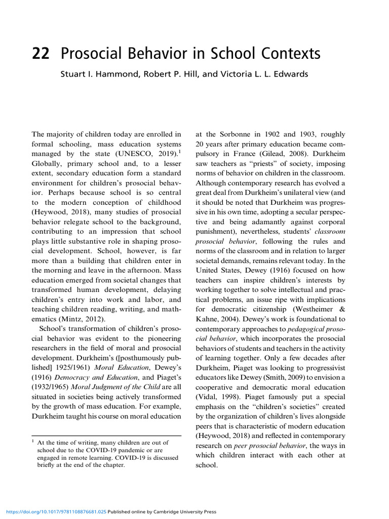 Prosocial Behavior in Education Settings | PDF | Teachers | Adolescence