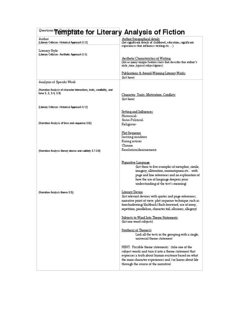 Template For Literary Analysis of Fiction | PDF | Poetry | Narrative