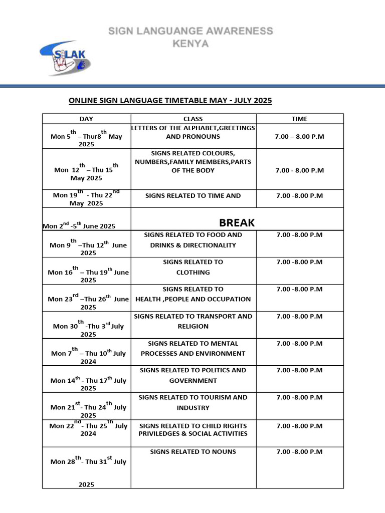 Online Sign Language Timetable May 2025 | PDF | Linguistics | Languages