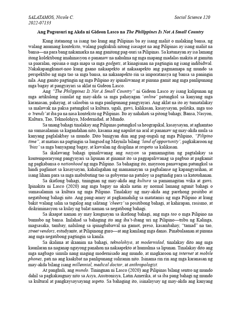 Ang Pagsusuri NG Akda Ni Gideon Lasco Na The Philippines Is Not A Small Country | PDF