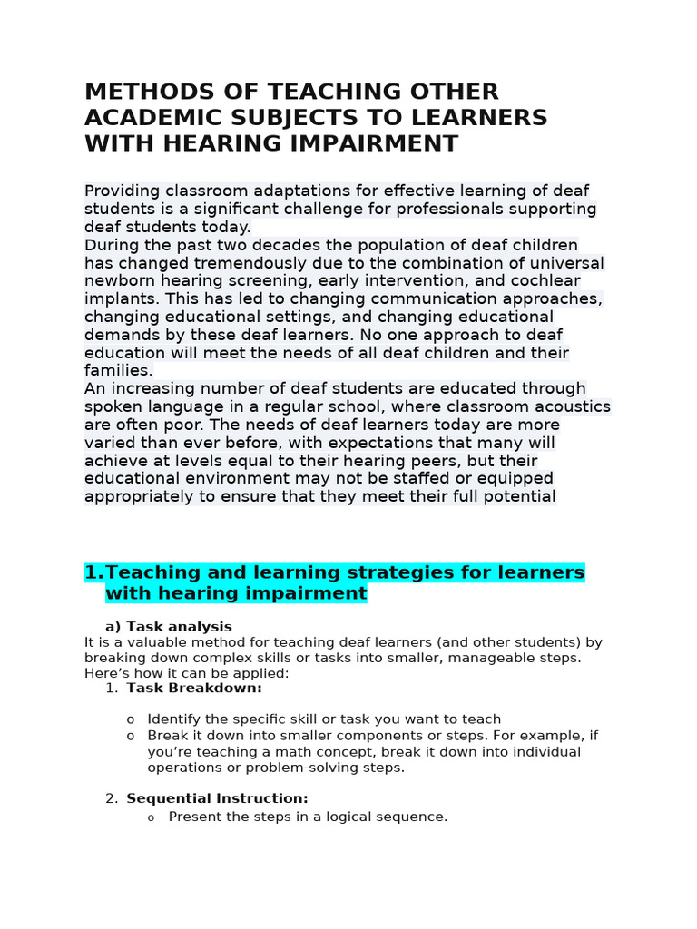 Final Methods of Teaching Other Academic Subjects To Learners With Hearing Impairment Final ...