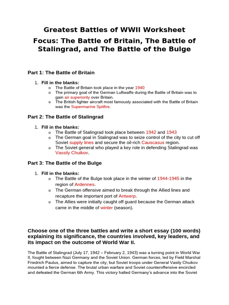 Greatest Battles of WWII Worksheet | PDF