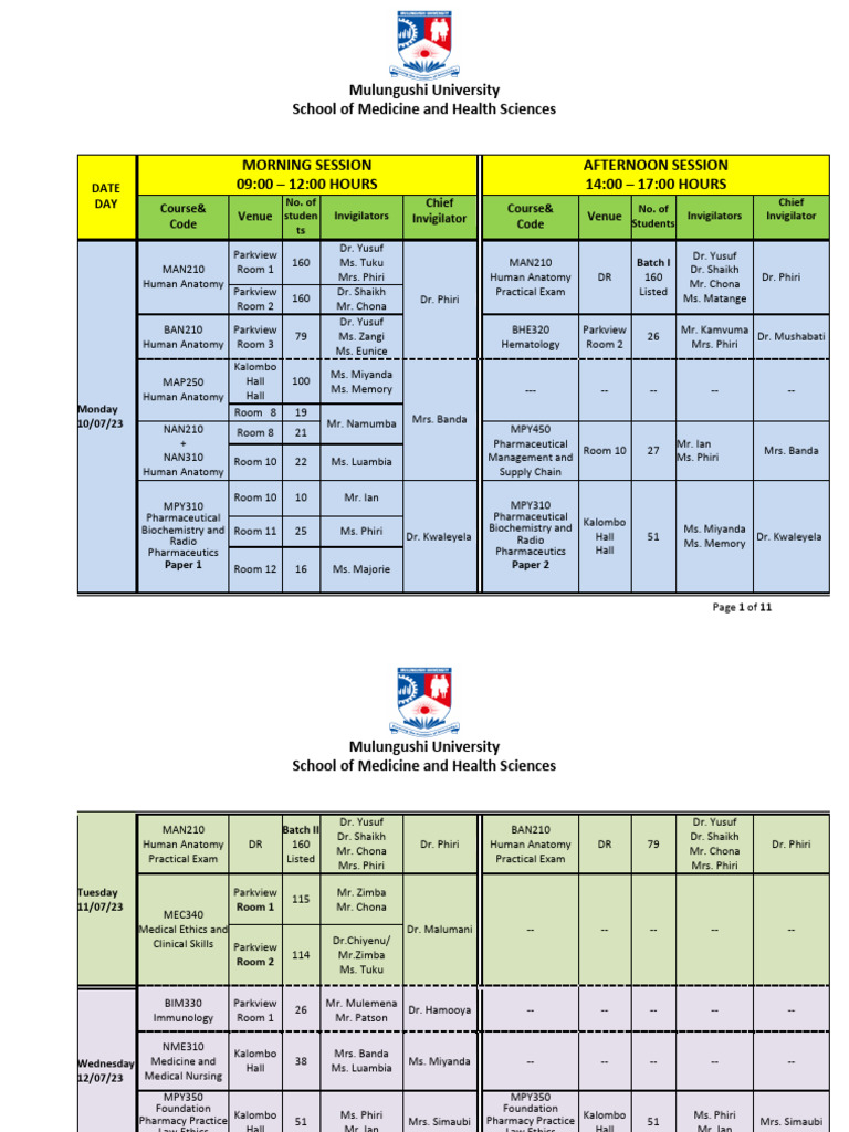 2023 End of Year Exam Time Table for MBChB, BSc - Biomed, Nursing ...