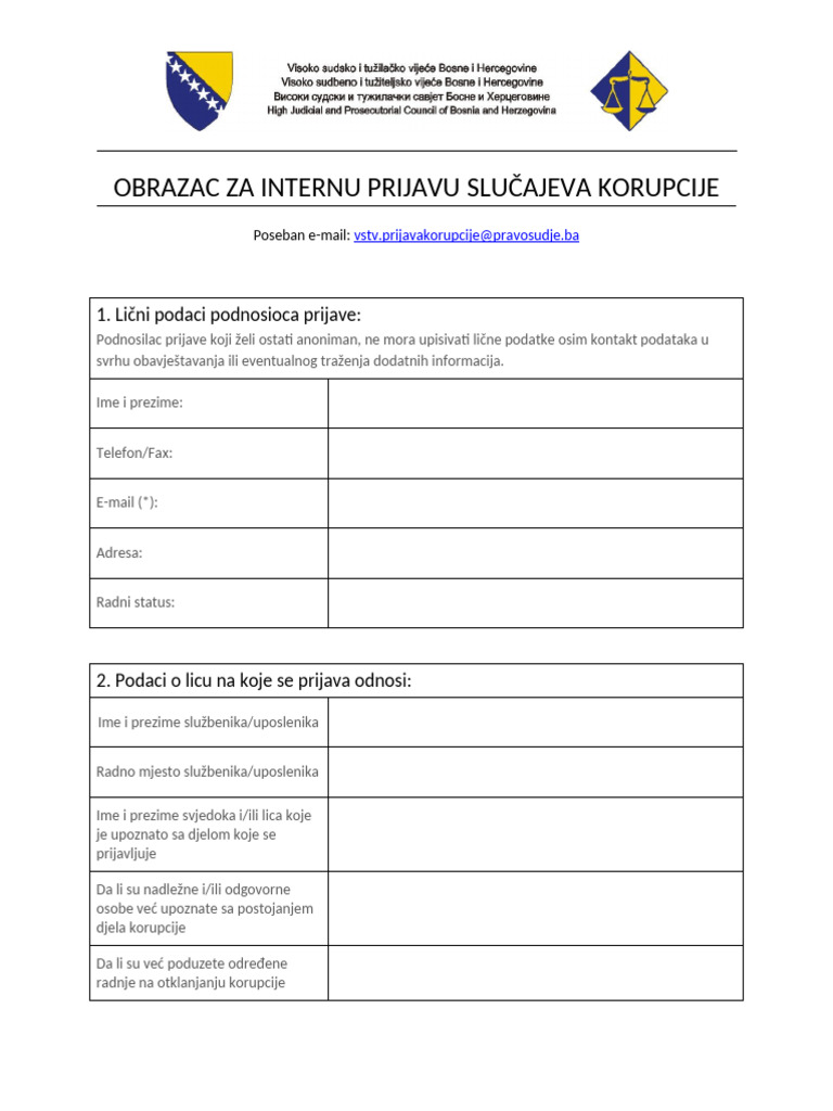 Obrazac Za Internu Prijavu Korupcije | PDF