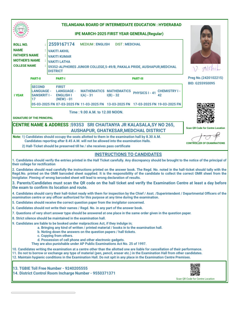 Hall Ticket Instructions for 1st Year Exams | PDF