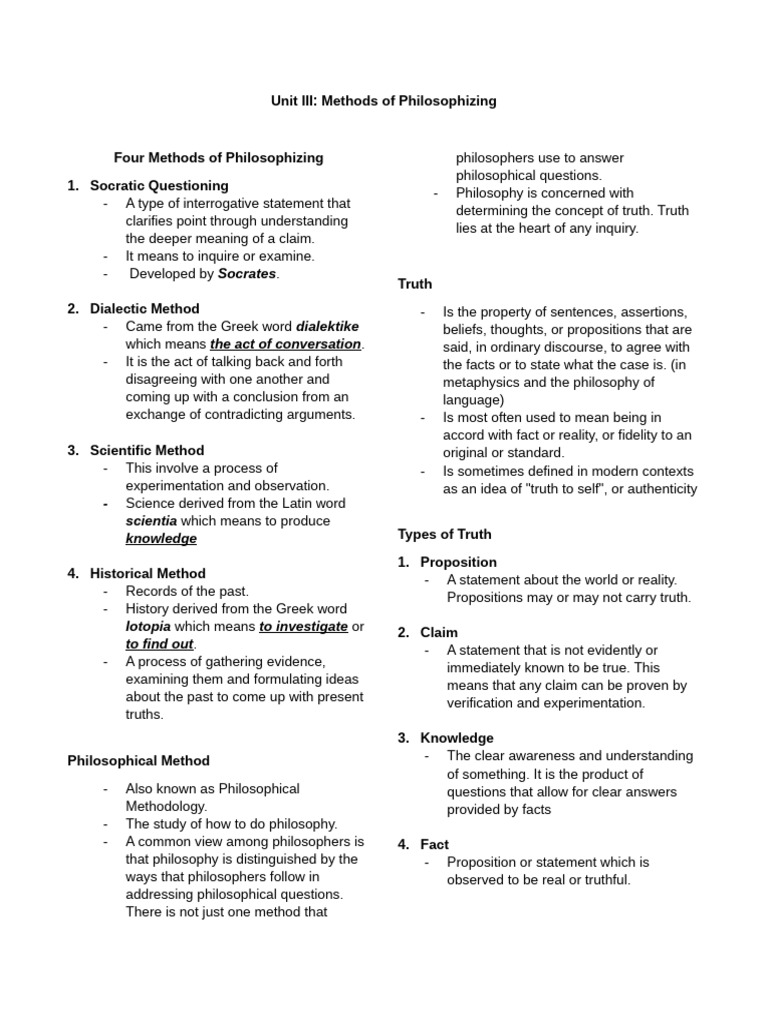 Unit III Methods of Philosophizing | PDF | Truth | Scientific Method