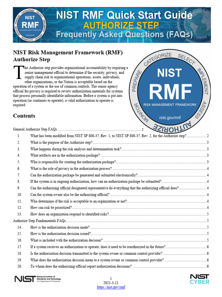 NIST RMF Authorize Step-FAQs | PDF | Risk | Risk Management