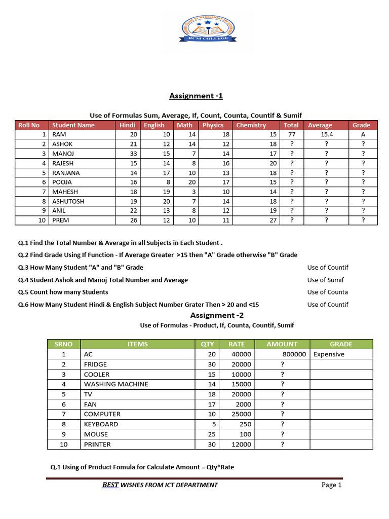 Ms Excel Assignments PDF For Practice | PDF | Fruit | Vegetables