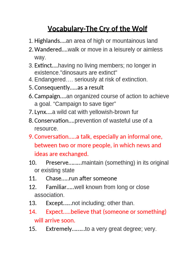Vocabulary for "The Cry of the Wolf" | PDF | Birds | Yellowstone ...