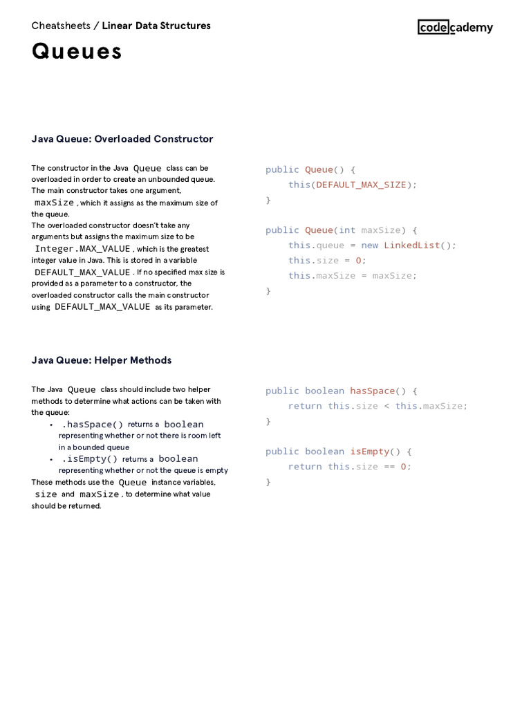 Linear Data Structures - Queues Cheatsheet - Codecademy | PDF | Parameter (Computer Programming ...