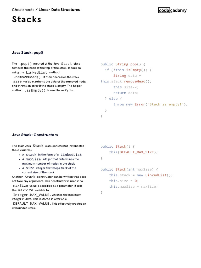 Linear Data Structures_ Stacks Cheatsheet _ Codecademy | PDF | Constructor (Object Oriented ...
