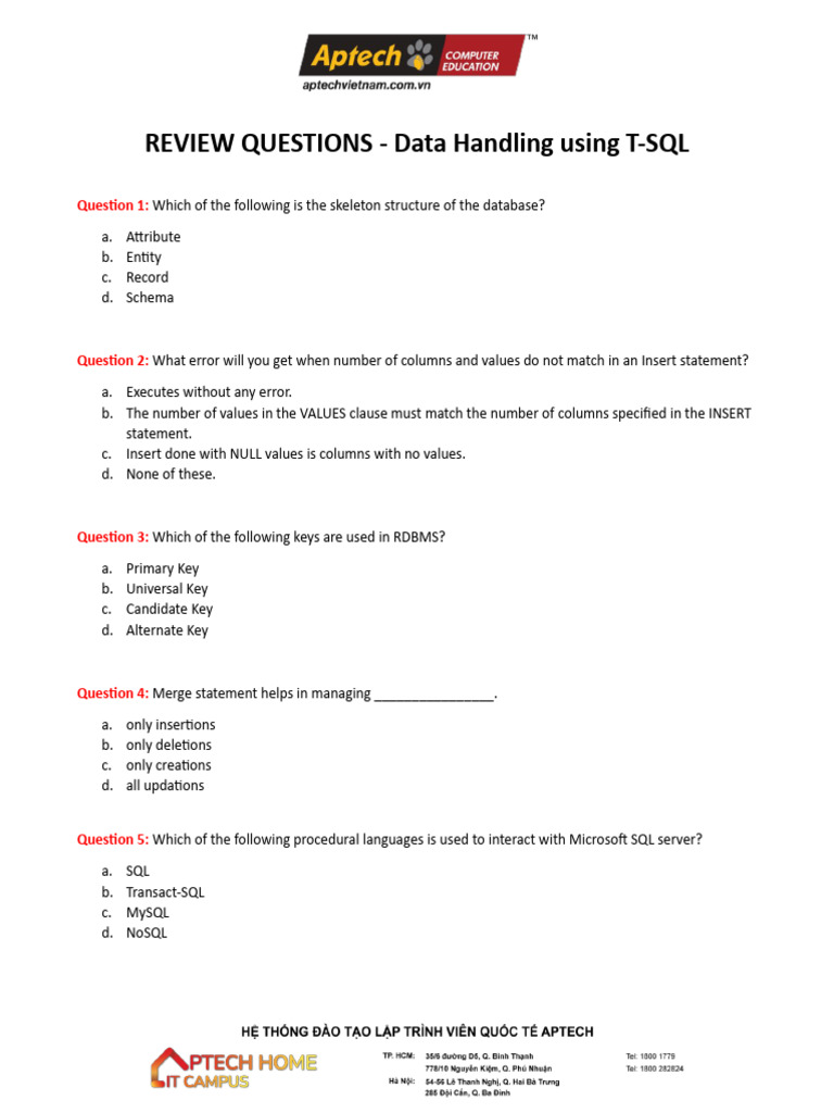 Tài liệu thi SQL Aptech | PDF | Table (Database) | Sql
