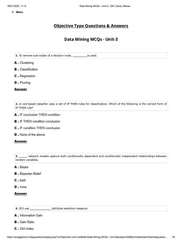Data Mining MCQs - Unit-3 - DM - Study Glance | PDF | Statistical Classification | Applied ...