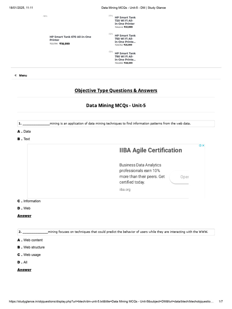Data Mining MCQs - Unit-5 - DM - Study Glance | PDF | Databases | World Wide Web
