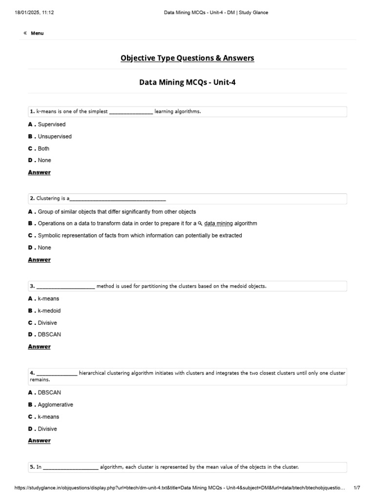Data Mining MCQs - Unit-4 - DM - Study Glance | PDF | Cluster Analysis | Databases