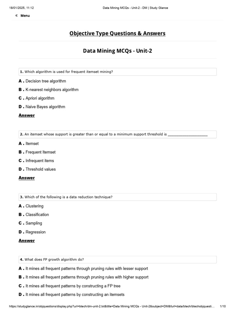 Data Mining MCQs - Unit-2 - DM - Study Glance | PDF | Applied Mathematics | Computer Programming