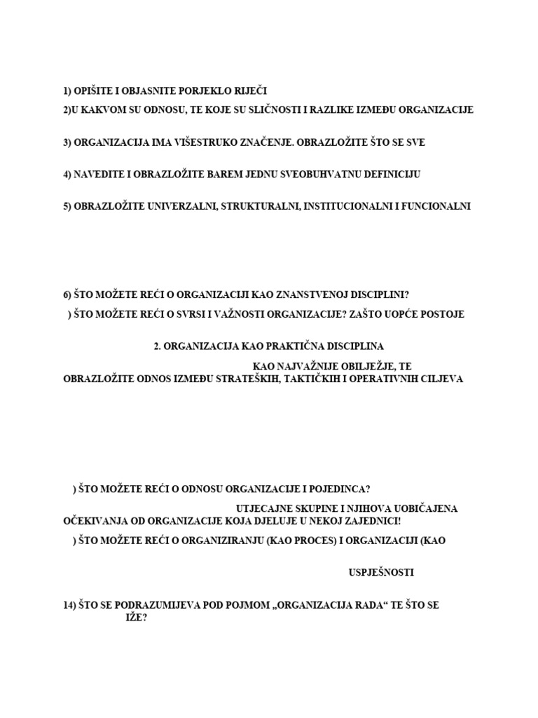 ORGANIZACIJA Pitanja Usmeni-1 | PDF