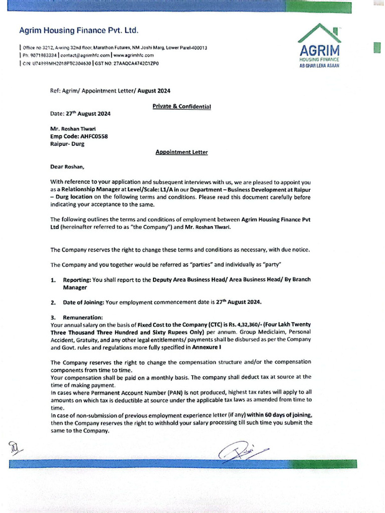 Offer Letter Agrim | PDF