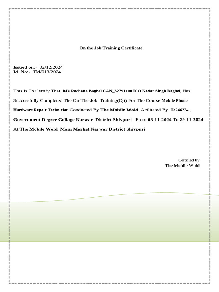 On The Job Training Certificate CAN - 32791100 | PDF
