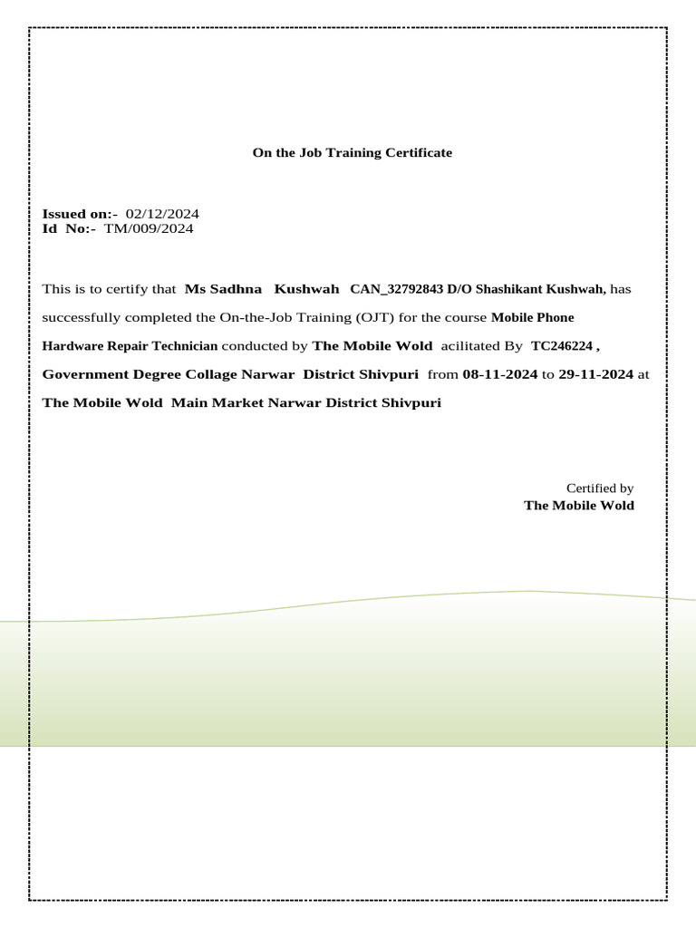 On-the-Job Training Certificate for Mobile Repair | PDF
