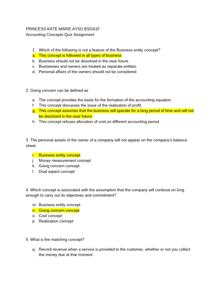 Accounting Concepts Quiz Overview | PDF | Going Concern | Debits And ...