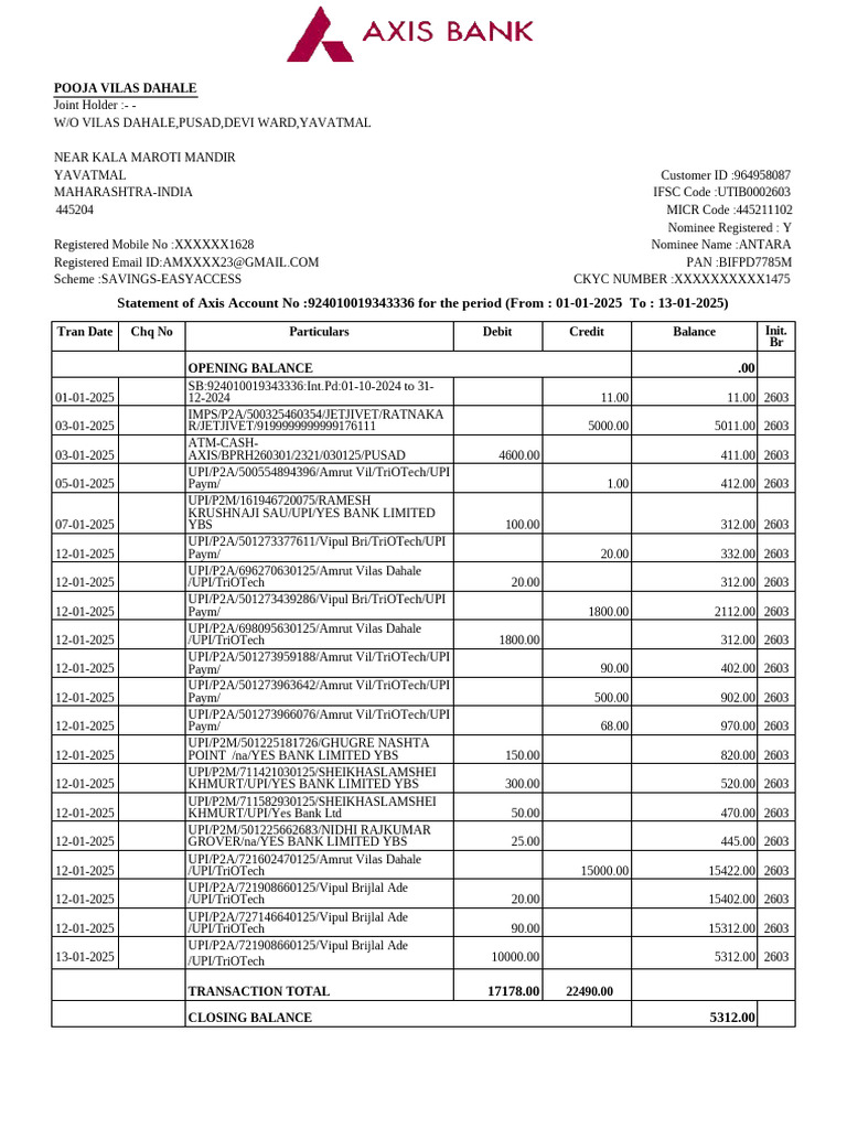 Axis Bank Statement Summary | PDF | Debit Card | Banks