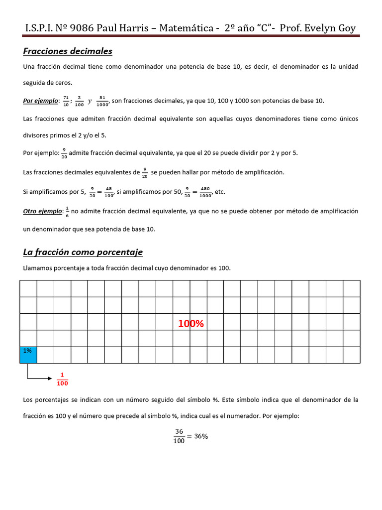 IPH - Fracciones decimales y porcentaje. | PDF | Porcentaje | Decimal