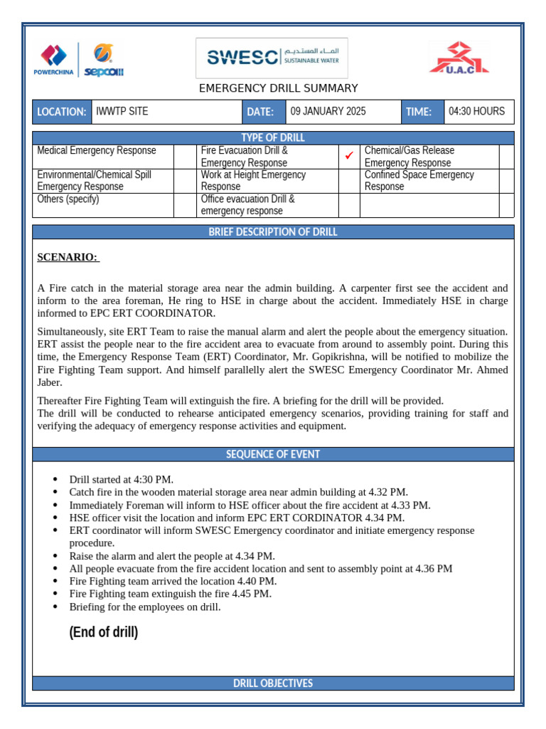 Emergency Mock Drill Summary Report UAC-09.01.2025 | PDF | Firefighting ...