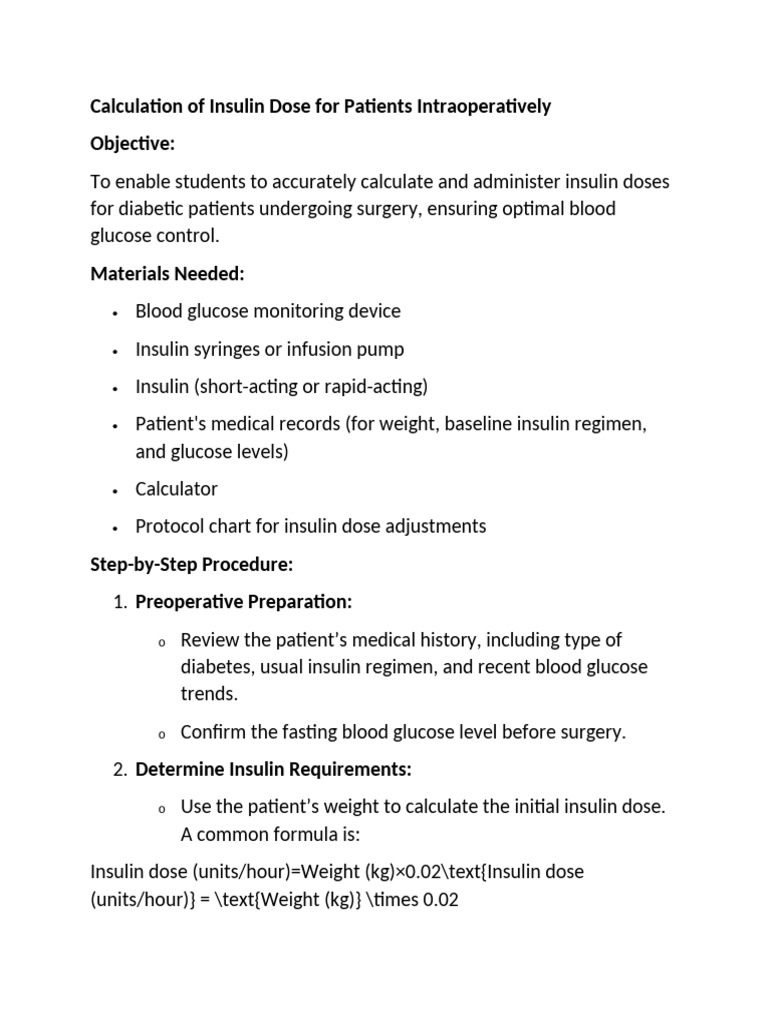 Intraoperative Insulin Dose Calculation Guide | PDF | Insulin ...