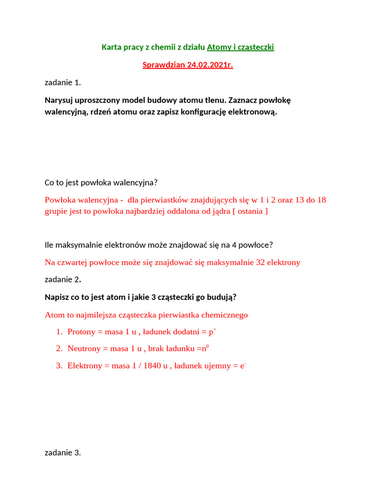 Karta Pracy Z Chemii Z Działu Atomy I Cząsteczki 7c | PDF
