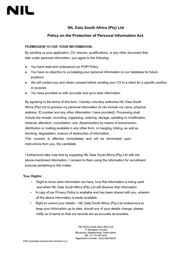 POPi Candidate Consent For Recruitment | PDF | Information | Data ...