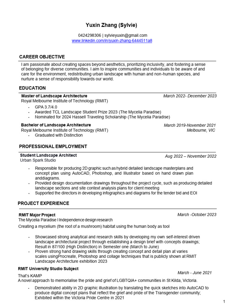 YuxinZhang Landscape Architect Resume | PDF | Design