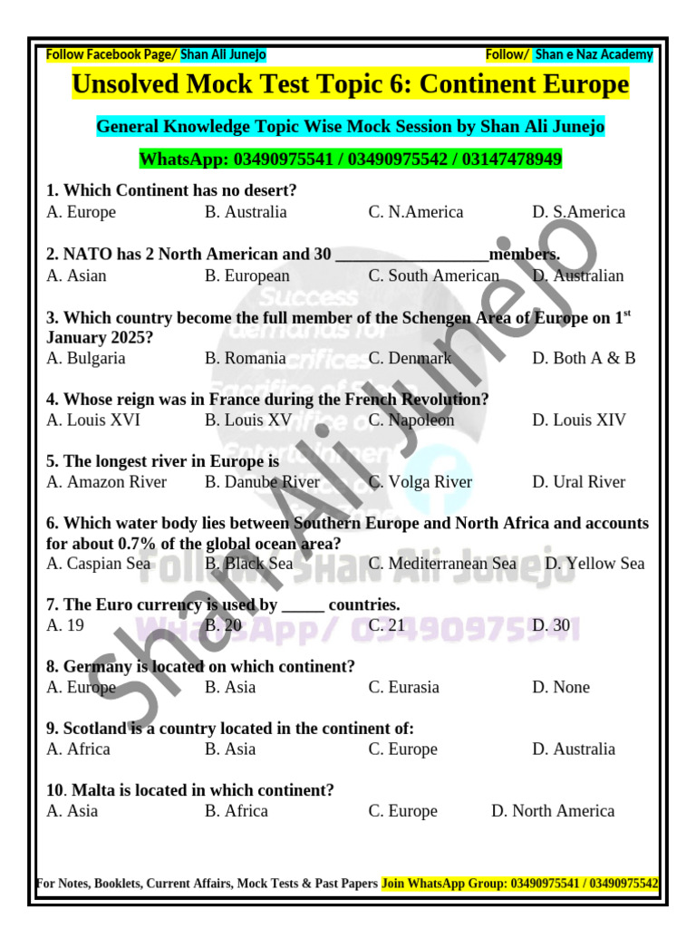 Europe General Knowledge Mock Test | PDF | Europe | European Union