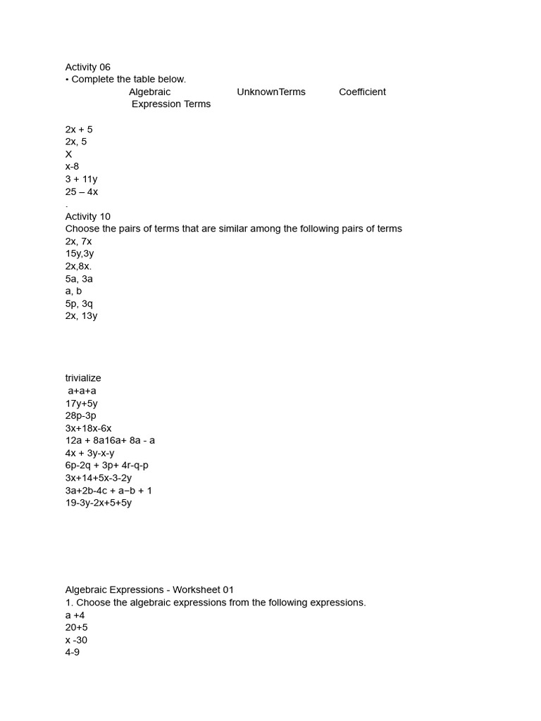 Algebraic Expressions English | PDF | Mathematics | Elementary Mathematics