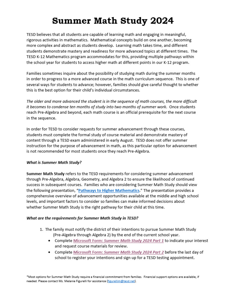 TESD Summer Math Study 2024 Guide | PDF | Mathematics