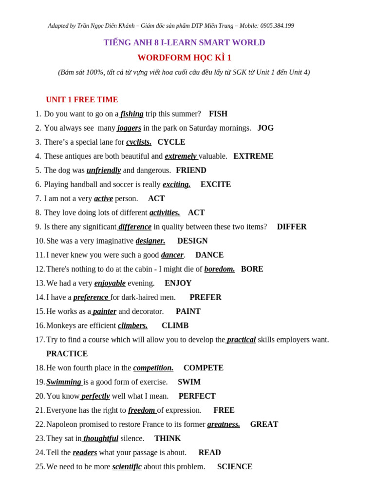 ĐÁP ÁN HK1 - 100 CÂU WORDFORM - TA8 ILSW - BÀI TẬP LÀM THÊM - BY DIÊN KHÁNH | PDF