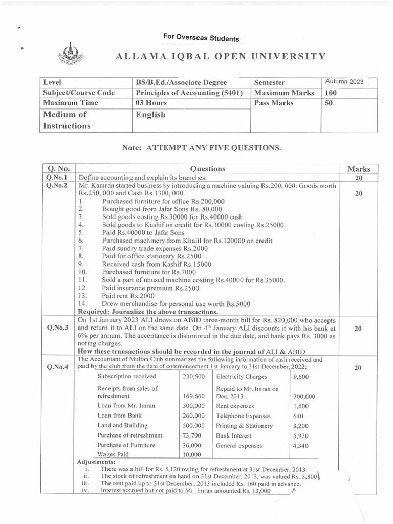 QUESTION PAPER 5401 | PDF