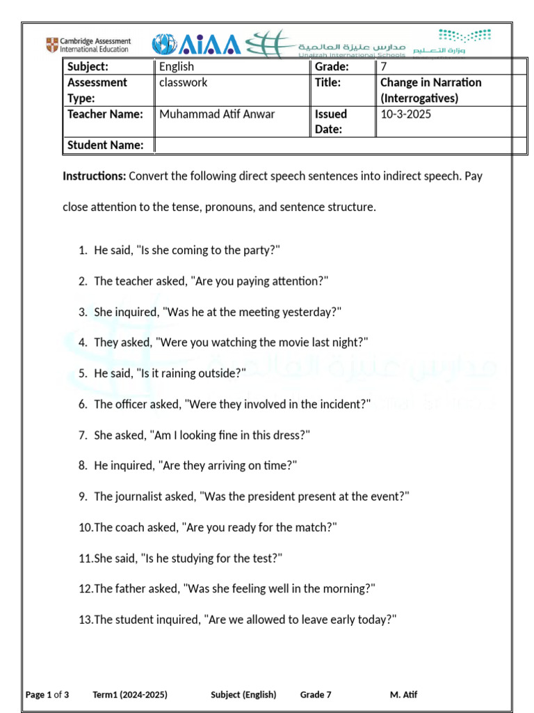 Change in Narration (Interrogative) | PDF | Linguistic Morphology | Grammar
